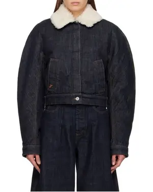 Jacquemus Denim Bomber Jacket With Fur Collar - No