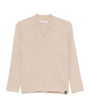 Max Mara Arten Ribbed V-neck Long Sleeve Jumper - Nude