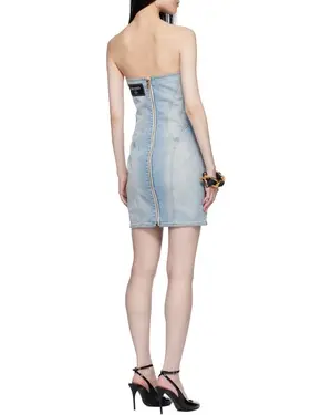 Balmain Strapless Button-detailed Denim Mini Dress