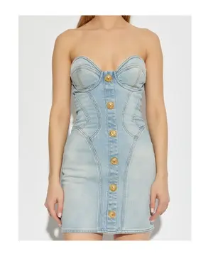 Balmain Strapless Button-detailed Denim Mini Dress