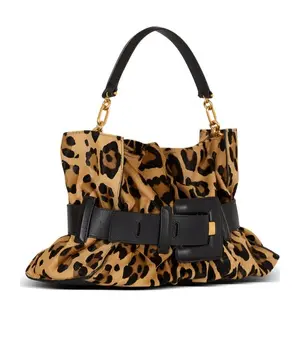 Balmain Medium Leopard Print Ponyskin-style Bag With Buckle Detail - Brown