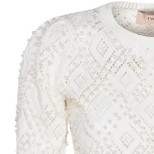 TWINSET Embellished Short-sleeved Knitted Sweater - White
