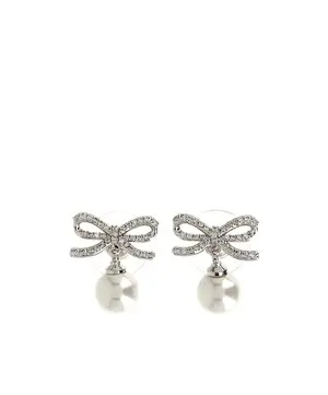 SELF-PORTRAIT Bow Detail Earrings With Pearl Pendant - Gray