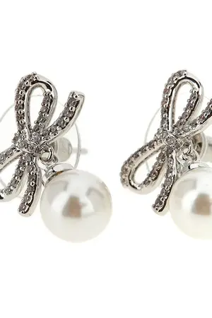 SELF-PORTRAIT Bow Detail Earrings With Pearl Pendant - Gray