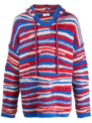 ERL Striped Ribbed Knit Drawstring Hoodie - Red