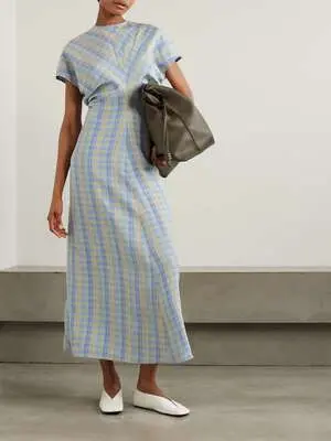 TOTEME Plaid Pleated Midi Dress - Gray