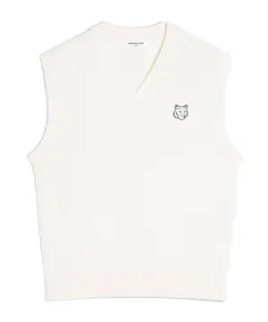 Maison Kitsuné V-neck Ribbed Vest With Fox Head Embroidery - Natural