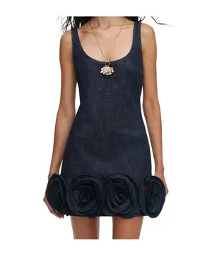 SELF-PORTRAIT Floral Appliqué Denim Mini Dress - Indigo