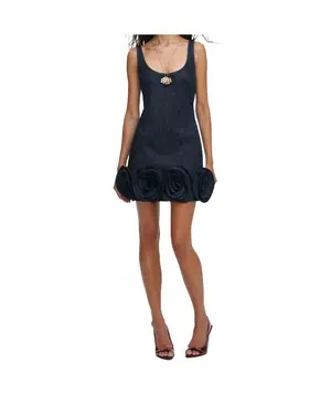 SELF-PORTRAIT Floral Appliqué Denim Mini Dress - Indigo