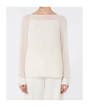 Max Mara Long Sleeve Boat Neck Silk Georgette Blouse - Ivory