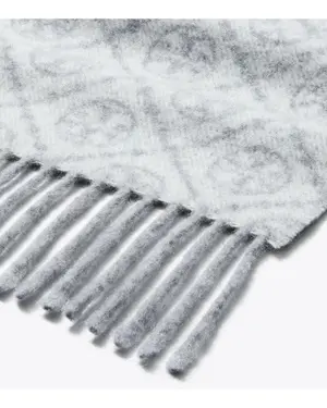 Tory Burch T Monogram Printed Fringed Scarf - Grey