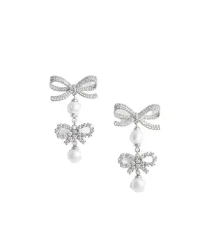 SELF-PORTRAIT Double Bow Pearl Earrings - Silver