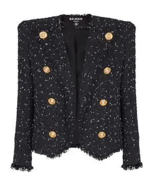 Balmain Polka-dot Tweed Cropped 8-button Jacket - Black