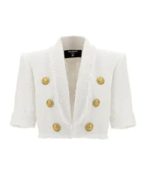 Balmain Cropped Tweed Jacket With Gold Button Detailing - No