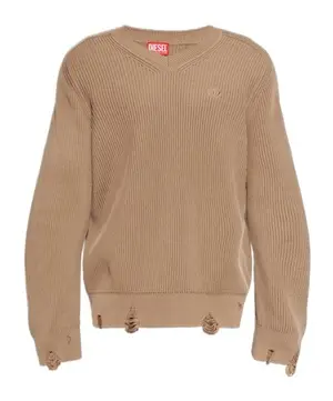 DIESEL® Ribbed V-neck Sweater With Distressed Details - Nude