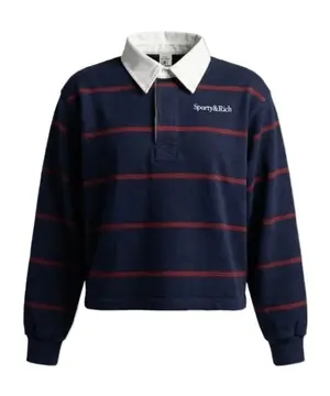 SPORTY  RICH Sporty Rich Logo Stripe Long Sleeve Polo Shirt
