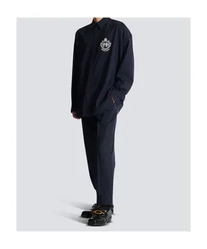 Balmain Striped Wool College Emblem Shirt