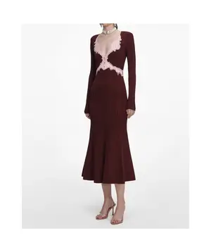 SELF-PORTRAIT Lace Trimmed Midi Dress - Brown