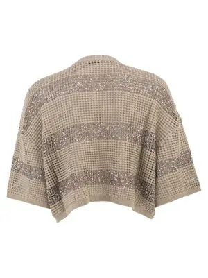 Brunello Cucinelli Cropped Mesh Knit Cardigan With Striped Detail