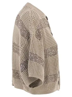 Brunello Cucinelli Cropped Mesh Knit Cardigan With Striped Detail