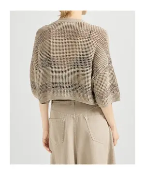 Brunello Cucinelli Cropped Mesh Knit Cardigan With Striped Detail