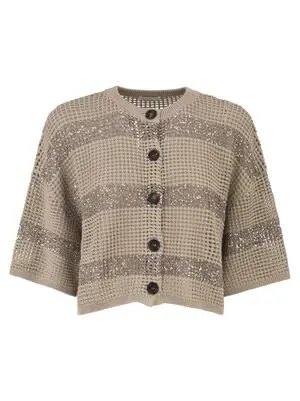 Brunello Cucinelli Cropped Mesh Knit Cardigan With Striped Detail - Sand-colored