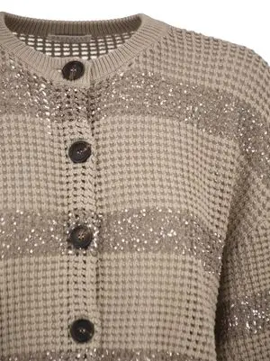 Brunello Cucinelli Cropped Mesh Knit Cardigan With Striped Detail - Sand-colored