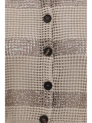 Brunello Cucinelli Cropped Mesh Knit Cardigan With Striped Detail - Sand-colored