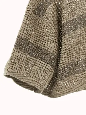 Brunello Cucinelli Cropped Mesh Knit Cardigan With Striped Detail - Sand-colored