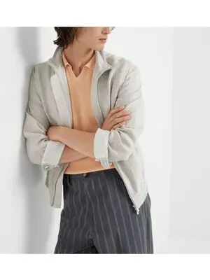 Brunello Cucinelli Zip-up Bomber Jacket With Stand Collar - Light Grey