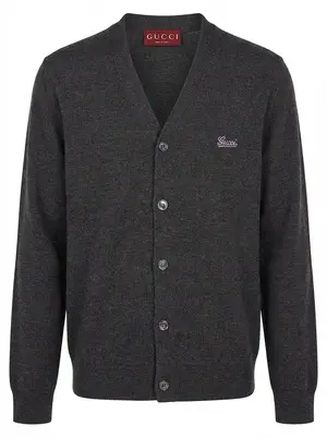 Gucci V-neck Button-up Cardigan With Embroidered Logo - Black
