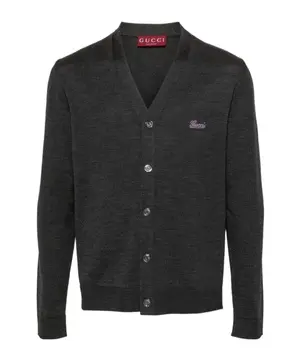 Gucci V-neck Button-up Cardigan With Embroidered Logo - Black