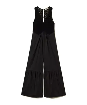 TWINSET V-neck Long Poplin Jumpsuit With Crochet Detail - Black