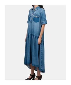 GANNI Light Washed Denim Shirt Dress - No