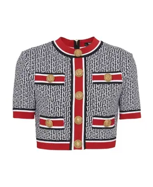 Balmain Jacquard Monogrammed Cropped Top With Lion Head Buttons