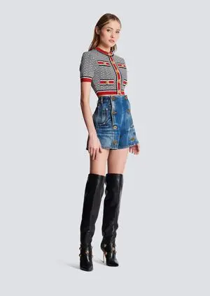 Balmain Jacquard Monogrammed Cropped Top With Lion Head Buttons