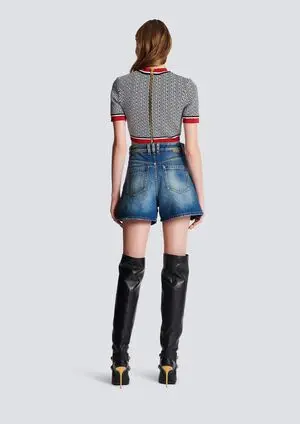 Balmain Jacquard Monogrammed Cropped Top With Lion Head Buttons