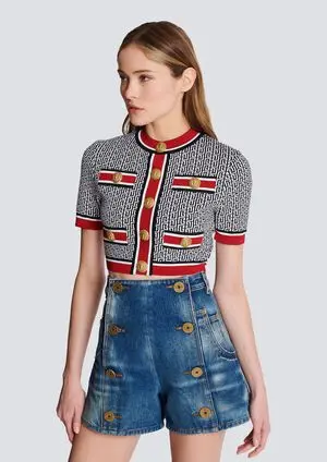 Balmain Jacquard Monogrammed Cropped Top With Lion Head Buttons