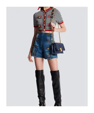 Balmain Jacquard Monogrammed Cropped Top With Lion Head Buttons