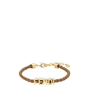 Fendi Fendi Interlaced Leather Bracelet With Lettering Camel
