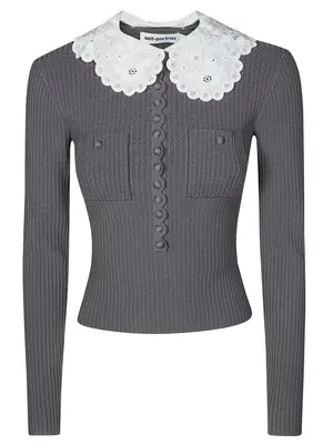 SELF-PORTRAIT Lace Collar Knitted Top - Grey