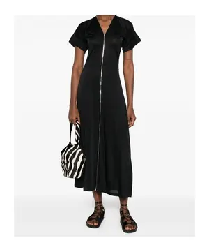 LEMAIRE V-neck Zip-up Midi Dress With Flared Sleeves - Black