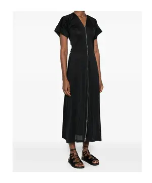 LEMAIRE V-neck Zip-up Midi Dress With Flared Sleeves - Black