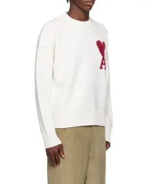 Ami Crewneck Long-sleeved Jumper With De Coeur Motif - White