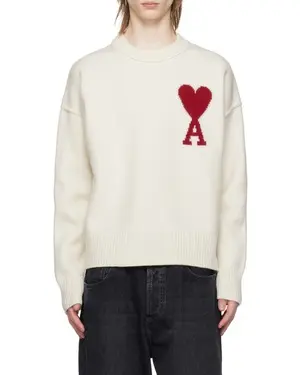Ami Crewneck Long-sleeved Jumper With De Coeur Motif - White