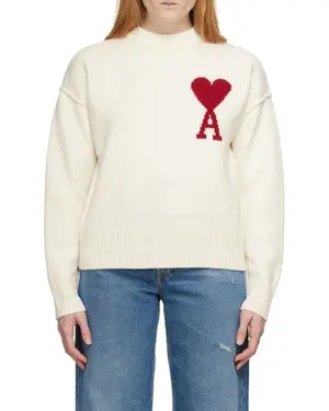 Ami Crewneck Long-sleeved Jumper With De Coeur Motif - White