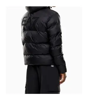 EA7 Padded Hooded Jacket With Oversized Embroidered Logo - Black