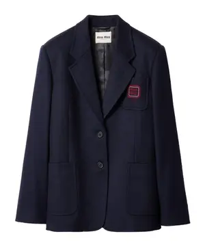 Miu Miu Single-breasted Velour Jacket With Embroidered Logo - Navy