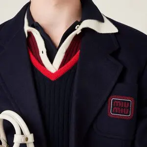 Miu Miu Single-breasted Velour Jacket With Embroidered Logo - Navy