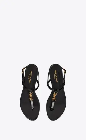 Saint Laurent Cassandra T-strap Flat Sandals - Black
